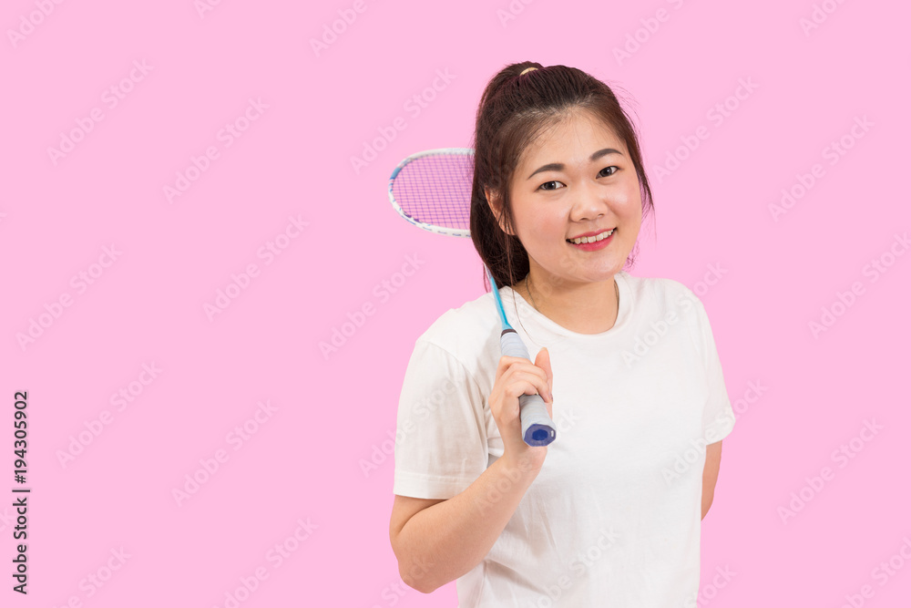 Cute asian woman with badminton bat, sport and exercise concept, happy ...