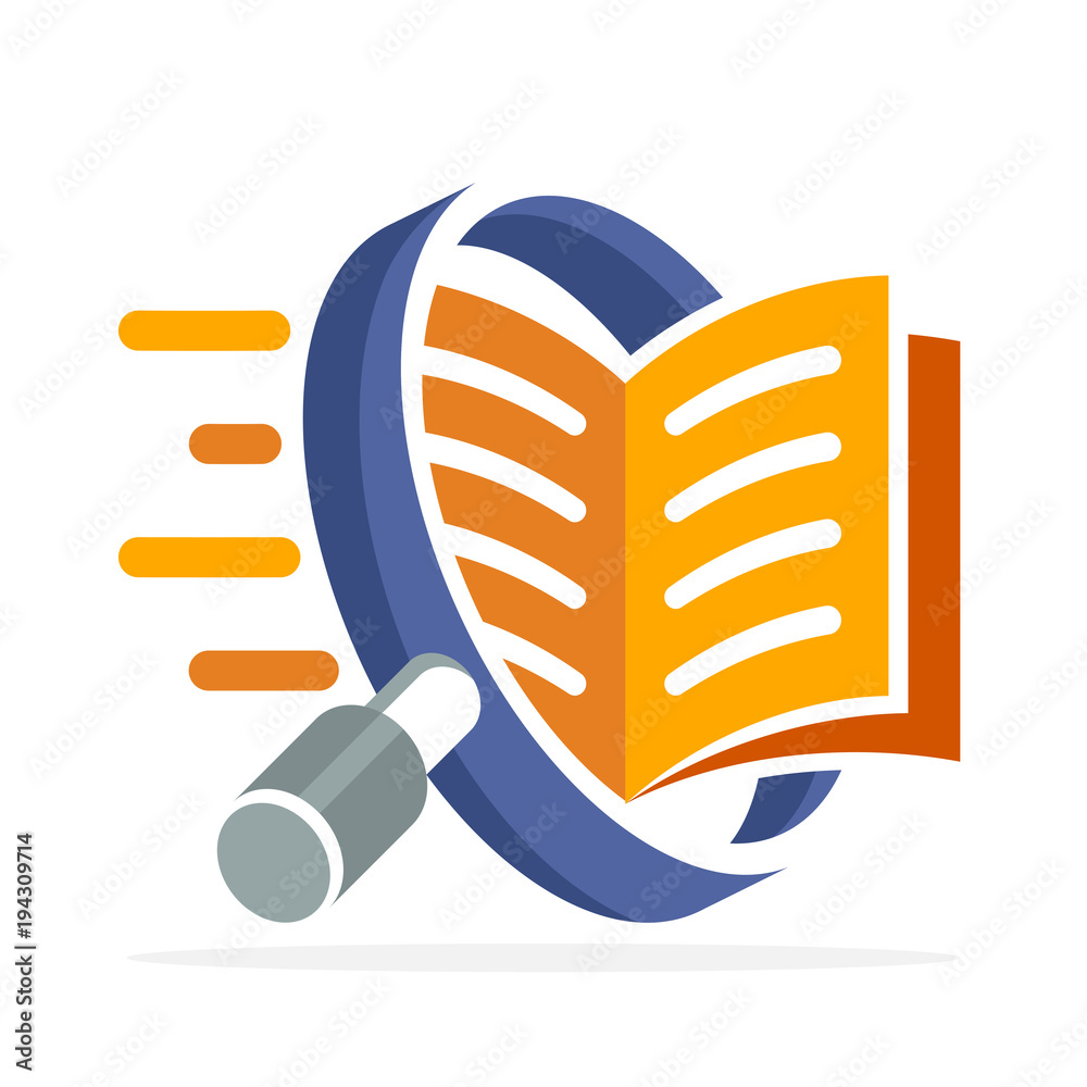 logo icon with search concept, reading, reviewing book. Illustrated ...