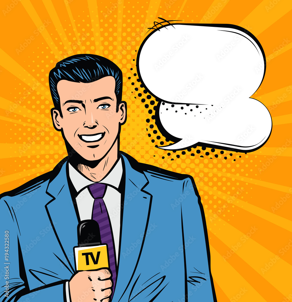 Live report, news, tv concept. Journalist with microphone in hand. Pop ...