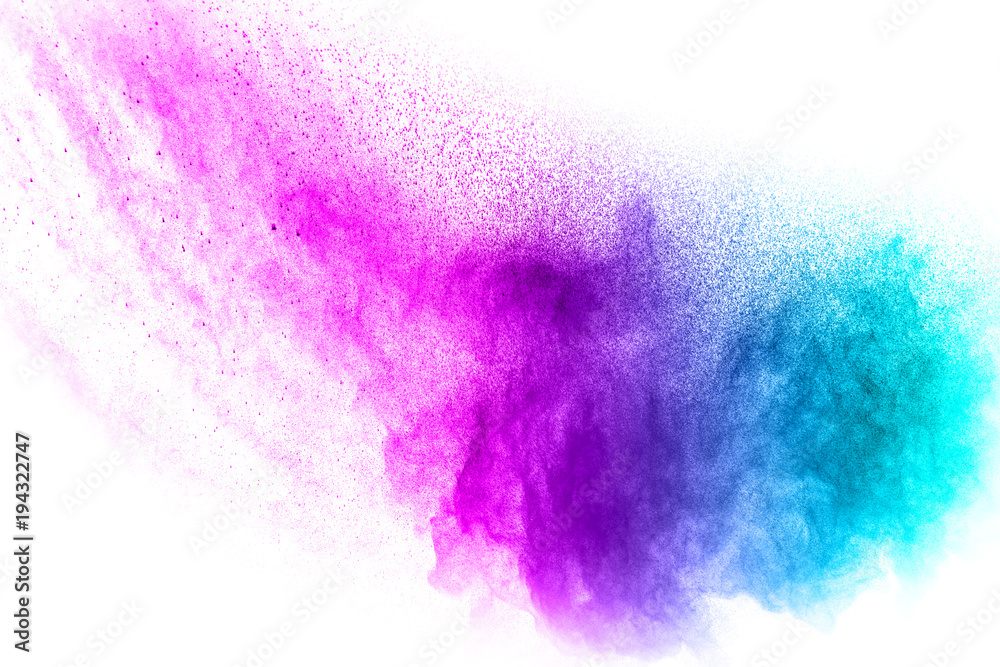 abstract explosion of blue purple dust on white background.Abstract ...