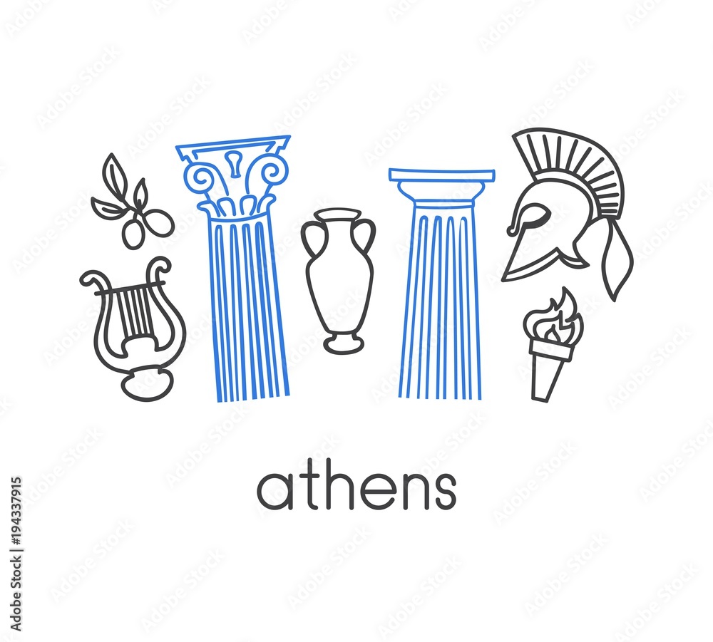 Vector illustration Greek language school. Open book, symbols of Greece ...