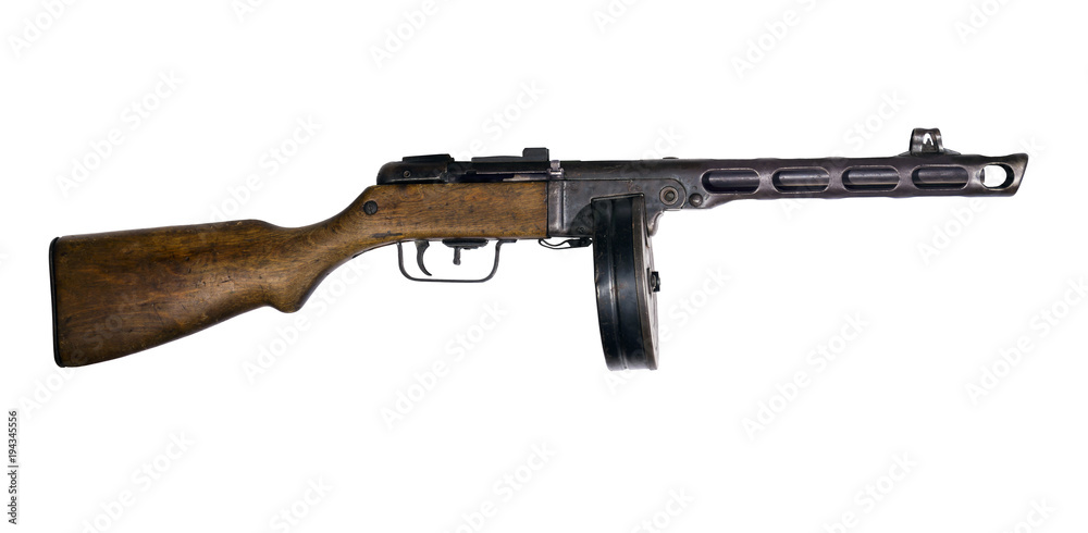 vintage submachine gun with drum magazine isolated Stock Photo | Adobe ...