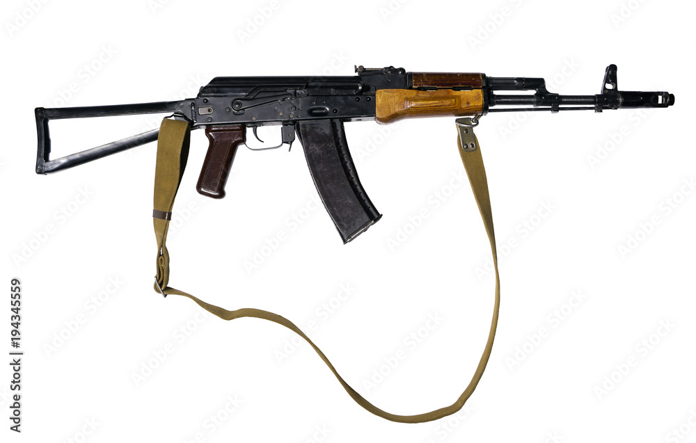 Assault rifle with folding butt and canvas belt, isolated Stock Photo ...
