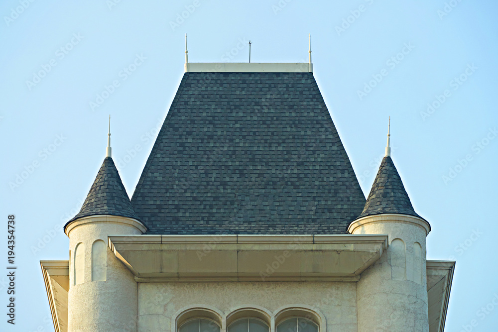 roof of castle ,shoe rooftile on blue sky background ,bottom view Stock ...