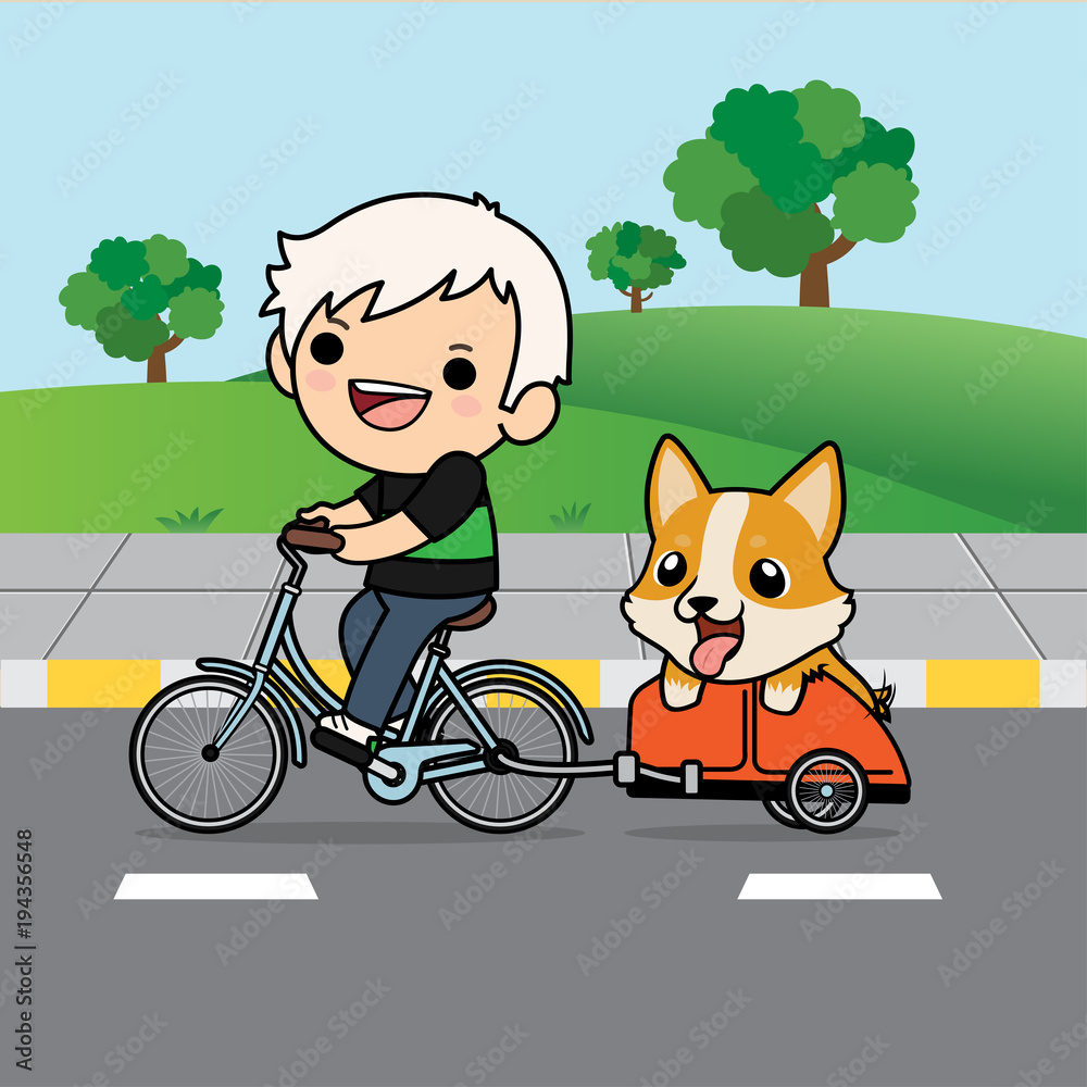 Cute cartoon character design Pembroke Welsh Corgi dog in Dog cart with ...