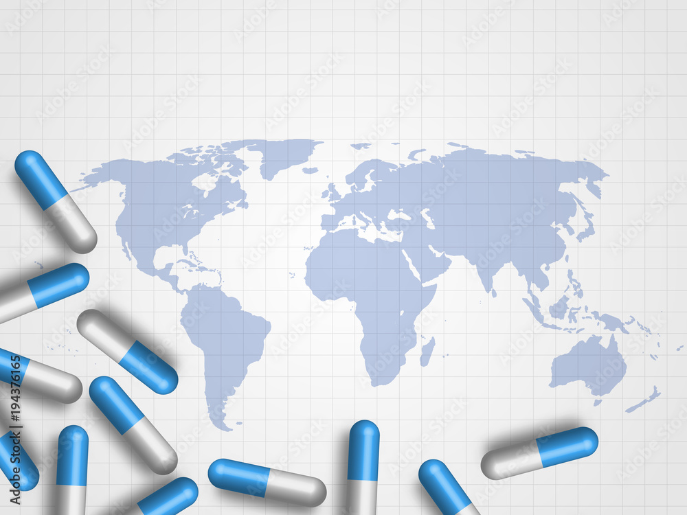 Medicines on world map as background represent medical and health care ...