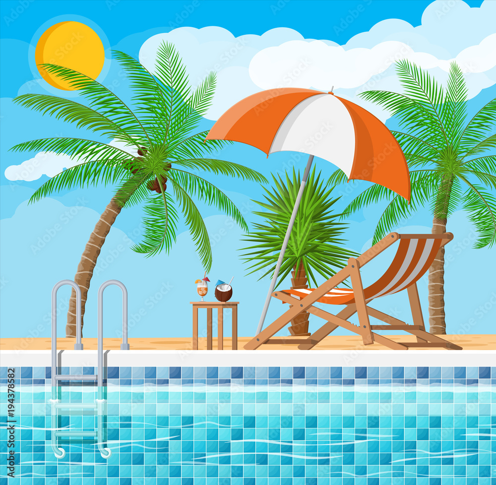 Swimming pool and lounger, palm tree Stock Vector | Adobe Stock