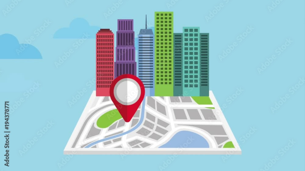 pointer map gps navigation building city clouds animation Stock Video ...