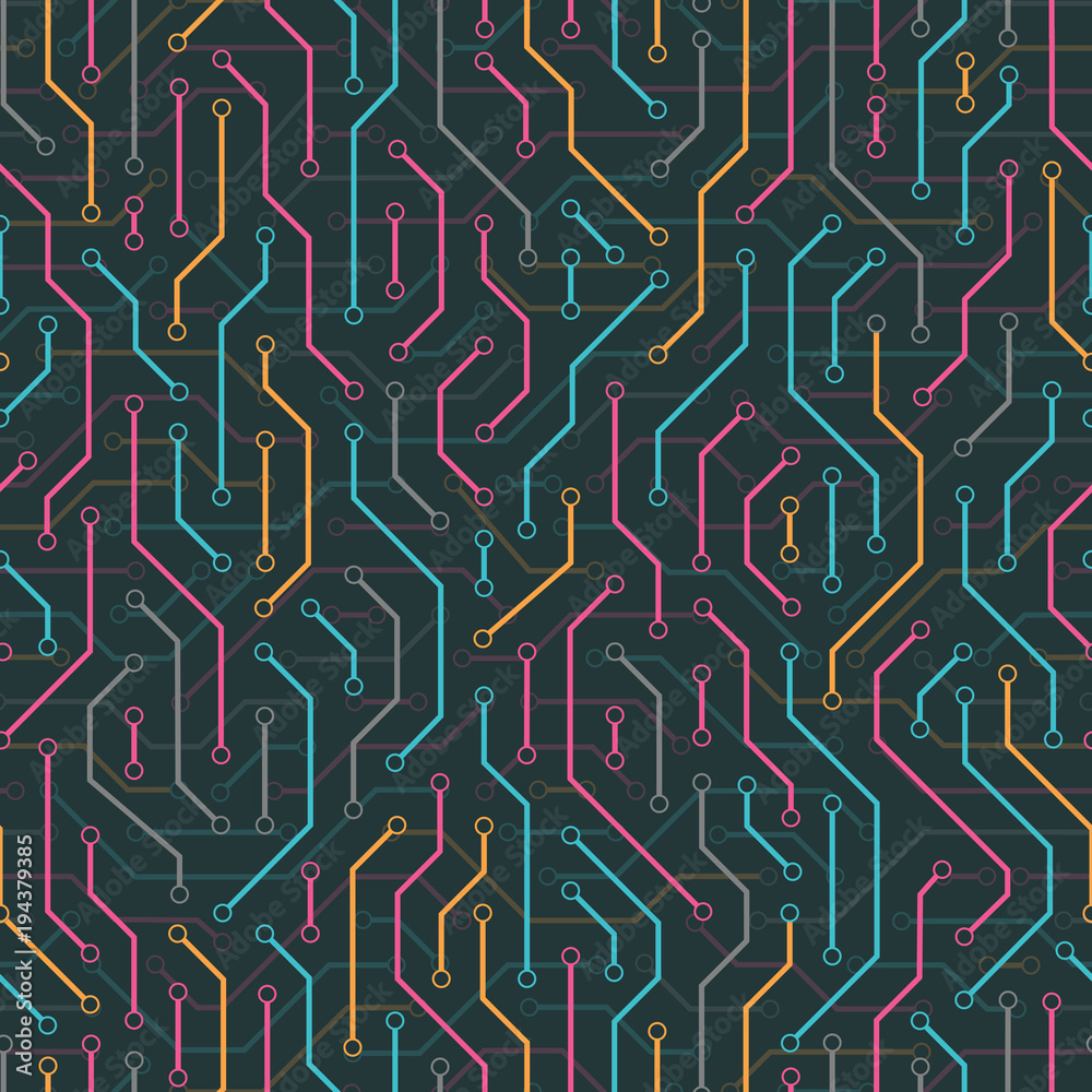 Technology seamless pattern from colored lines connections. Abstract ...