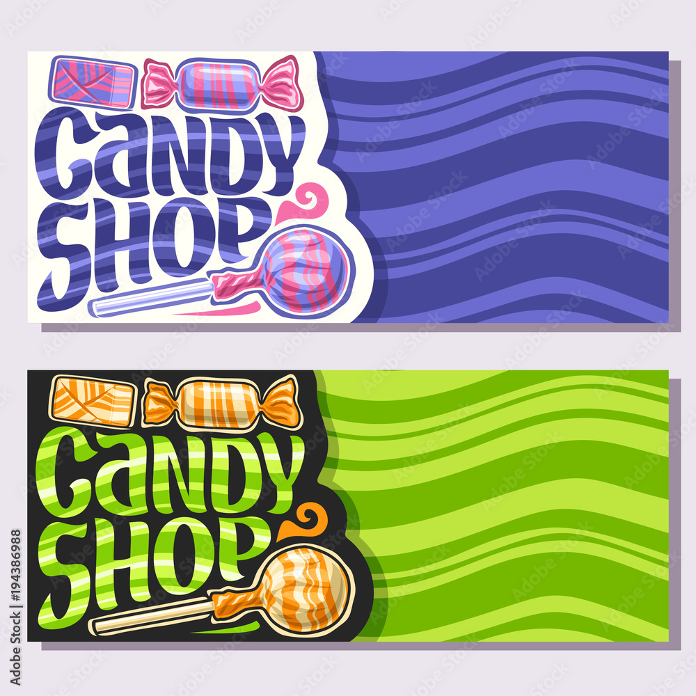 Vector banners for Candy Shop with copy space, 3 wrapped candies in ...
