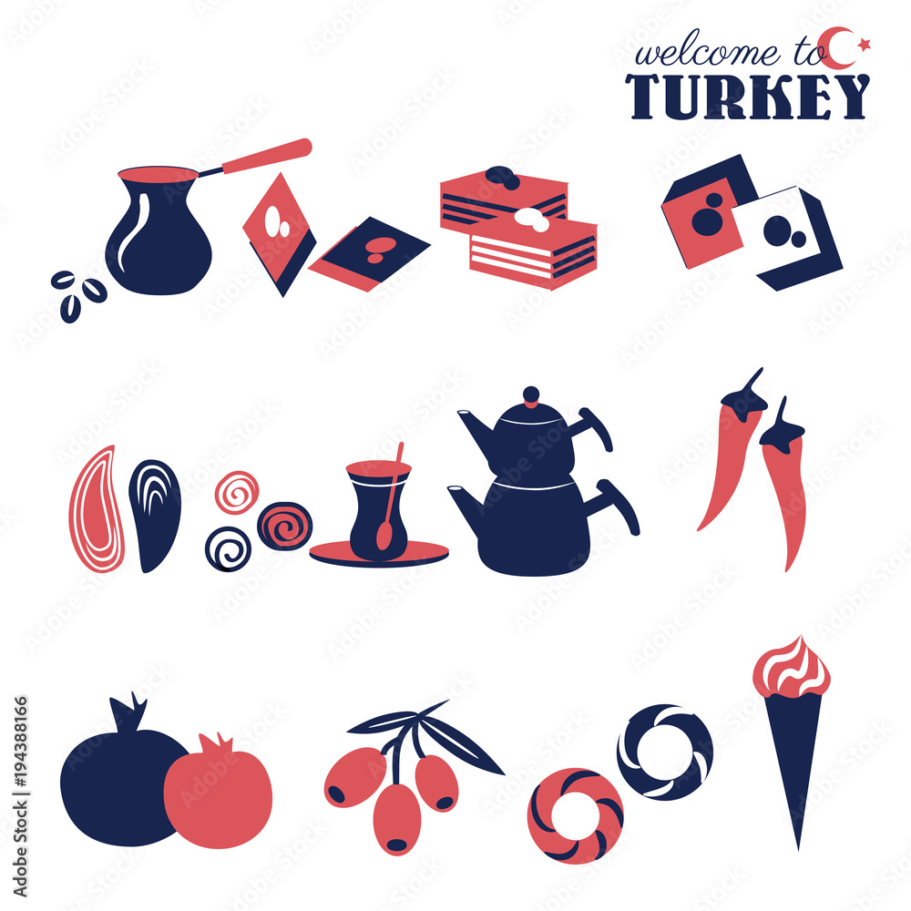 Turkish traditional vector food, sweet, coffee, tea, baklava, bread ...