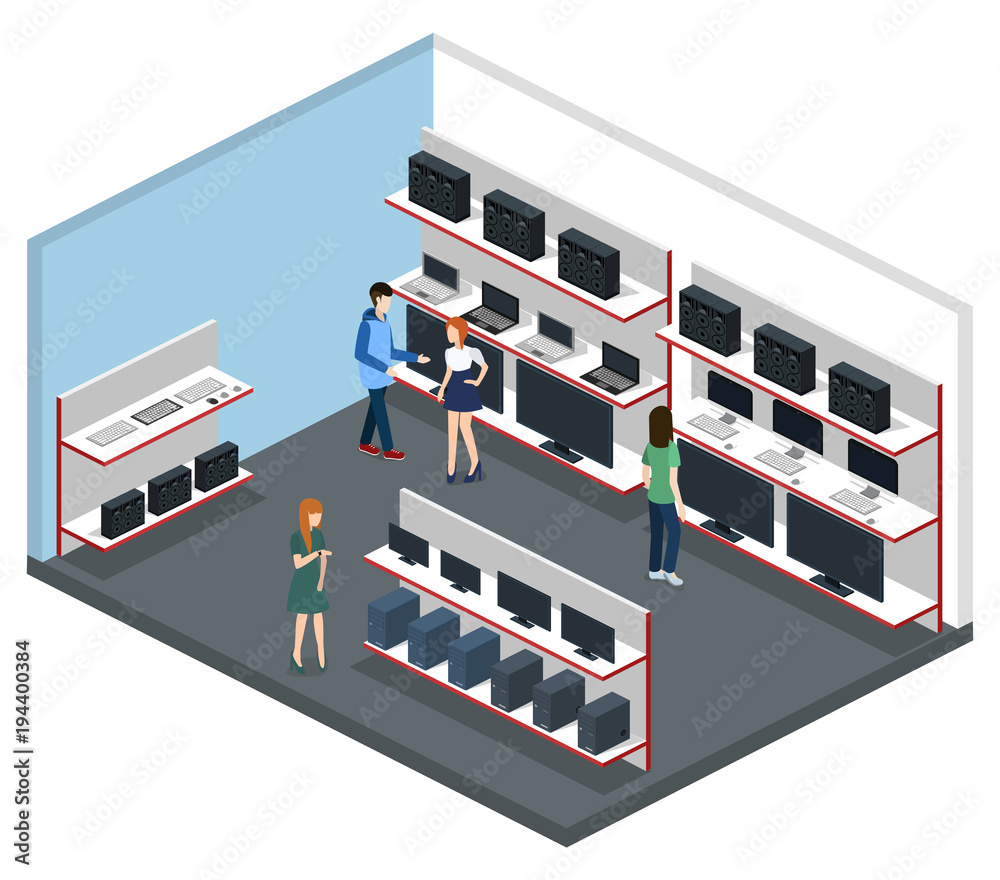 Isometric 3D vector illustration computer store and hardware store ...