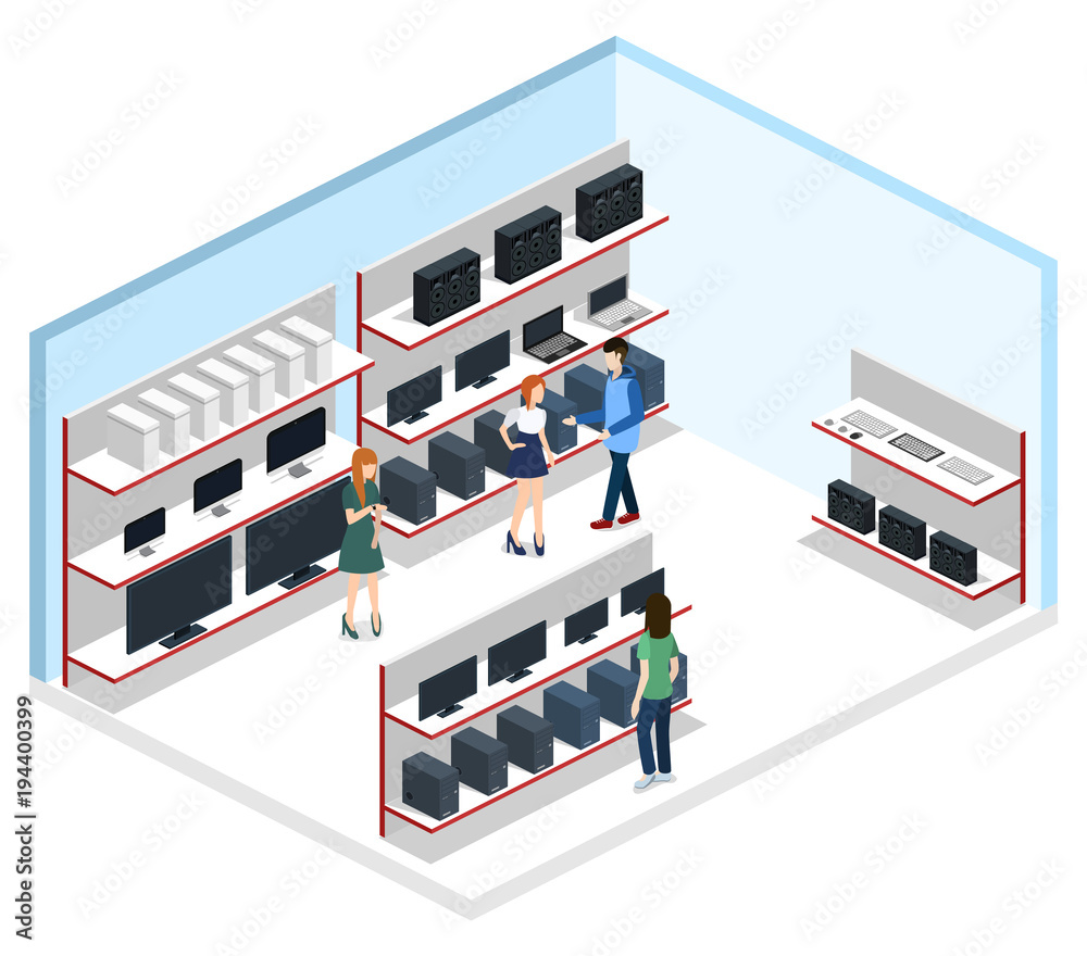 Isometric 3D vector illustration computer store and hardware store ...