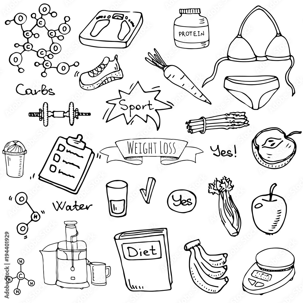 Hand drawn doodle Weight loss icons set Vector illustration dieting ...