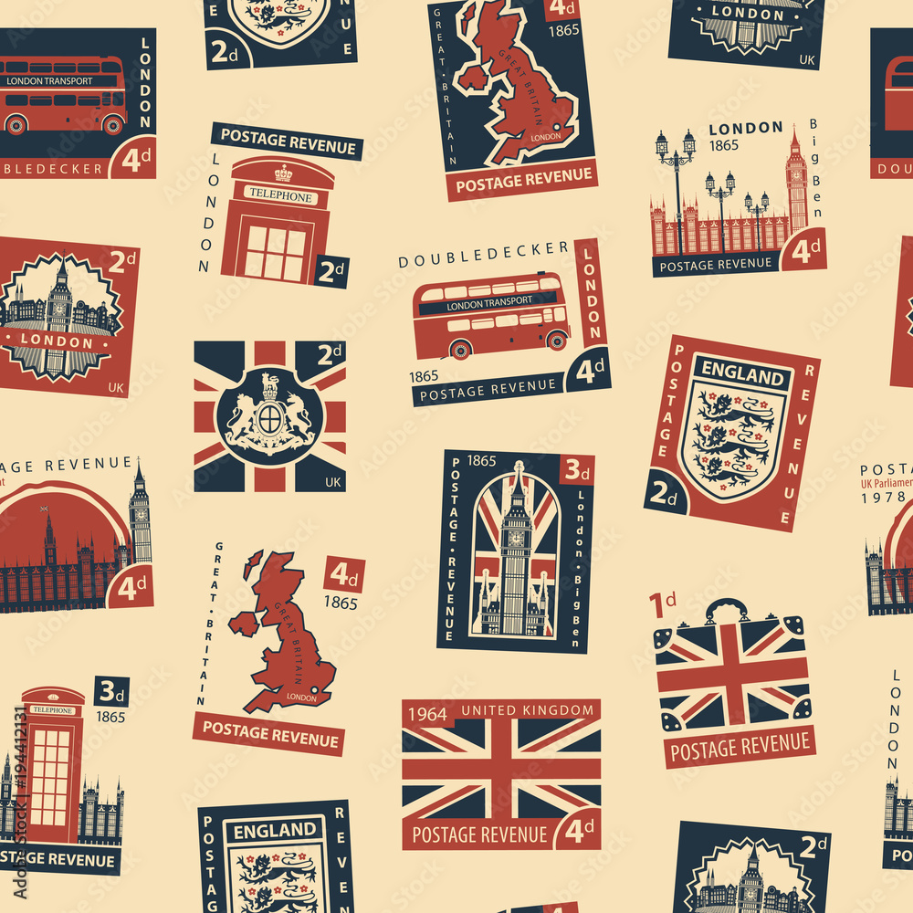 Retro Postage Seamless Background. Vector seamless pattern on UK and ...