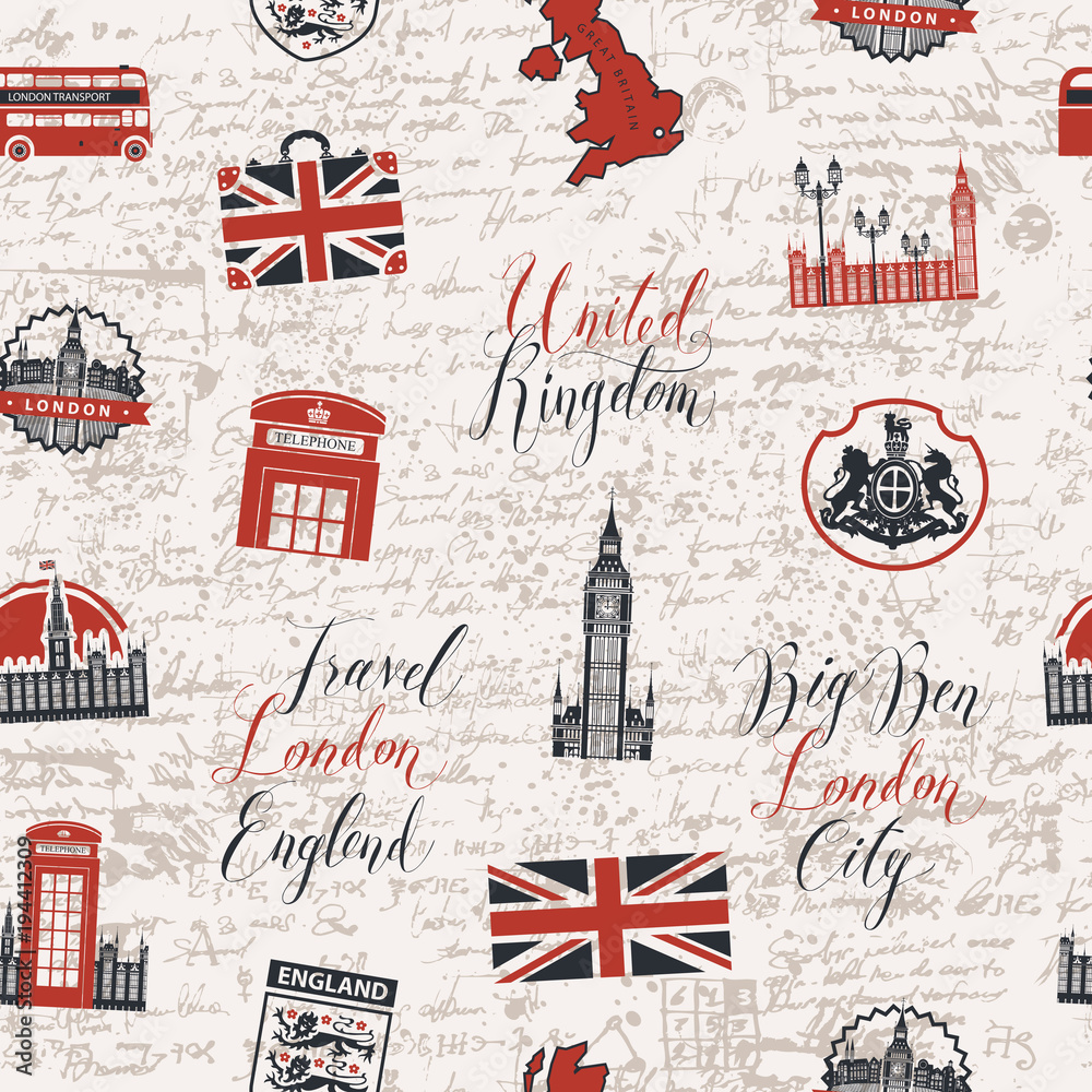 Vector seamless pattern on UK and London theme with inscriptions ...