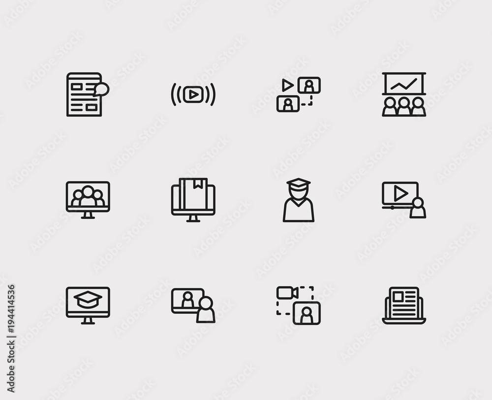 Webinar icons set with content e-material, digital blog and development ...