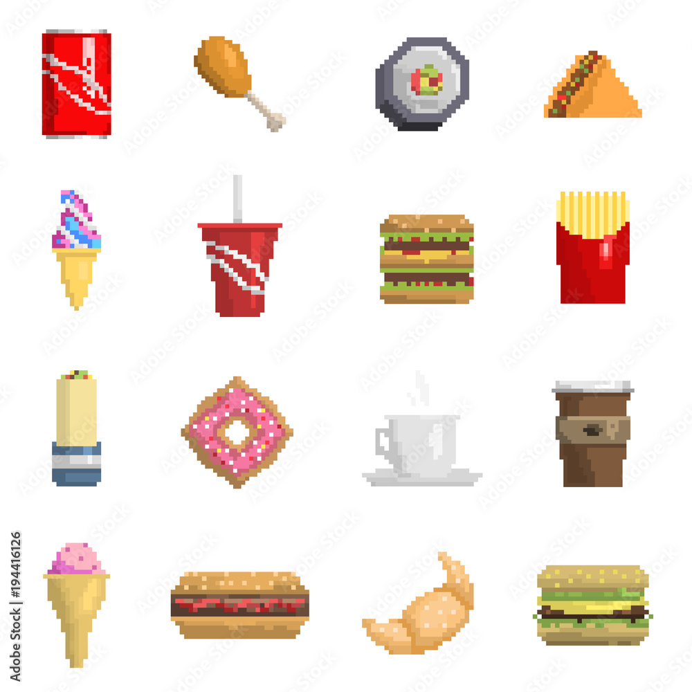 Pixel fast food vector icons fruit sweet sign of fastfood computer ...