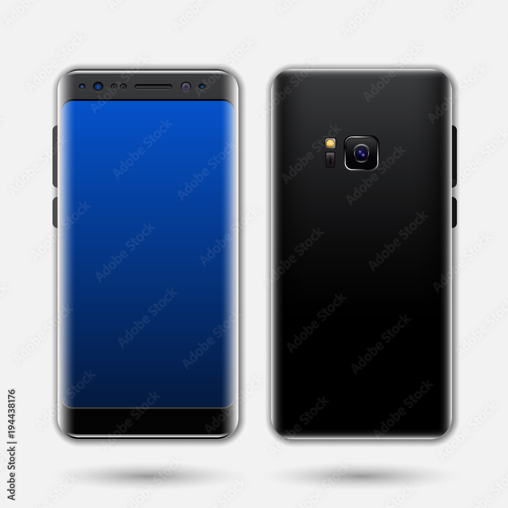 Realistic black smartphone mockup front and back side view isolated on ...