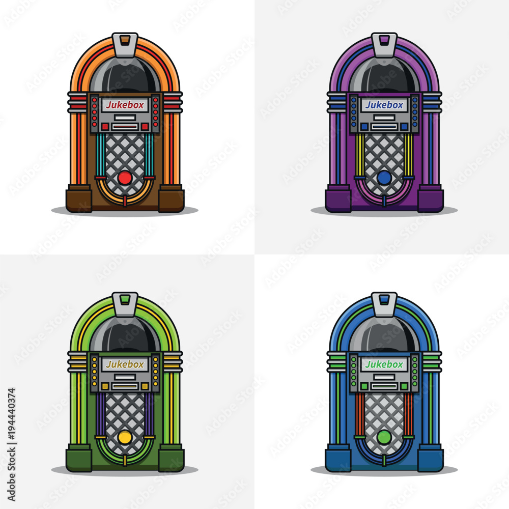 Set of retro jukebox flat line vector icons in different colors ...