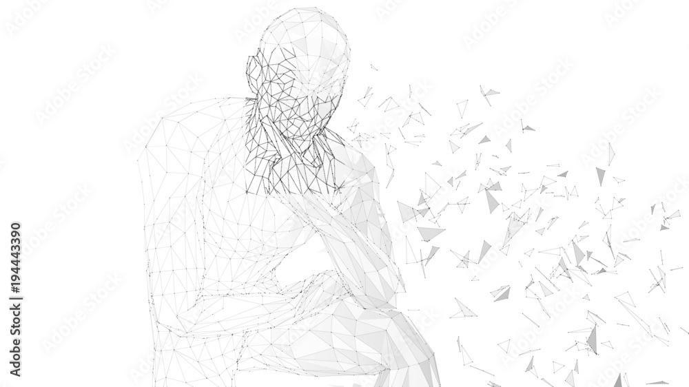 Conceptual abstract man thinking. Connected lines, dots, triangles ...