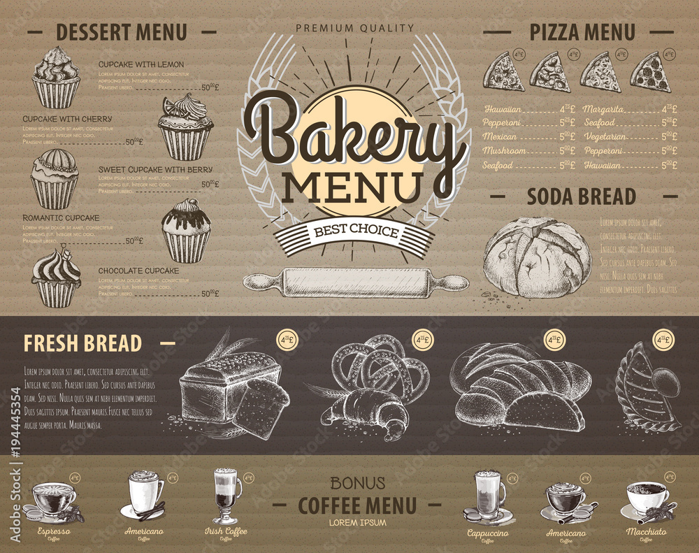 Vintage cardboard bakery menu design. Restaurant menu Stock Vector ...