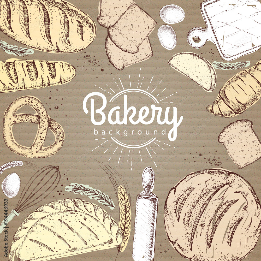 Bakery background. Top view of bakery products on cardboard background ...