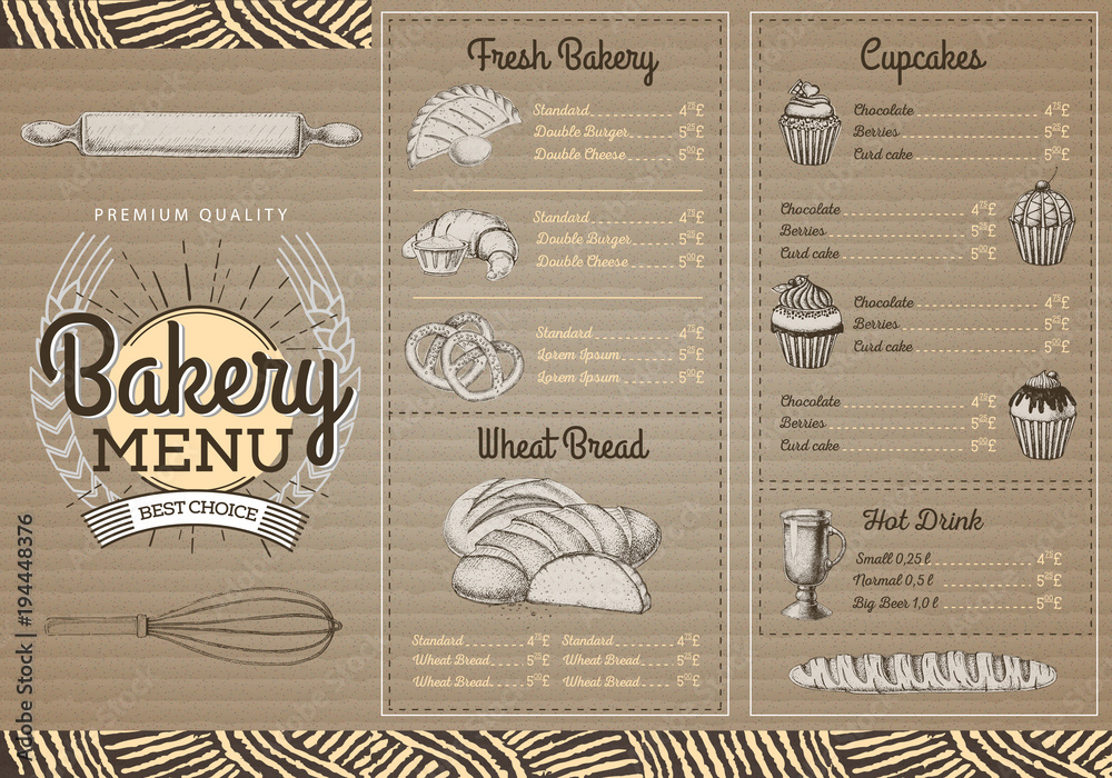 Vintage bakery menu design on cardboard texture. Restaurant menu ...