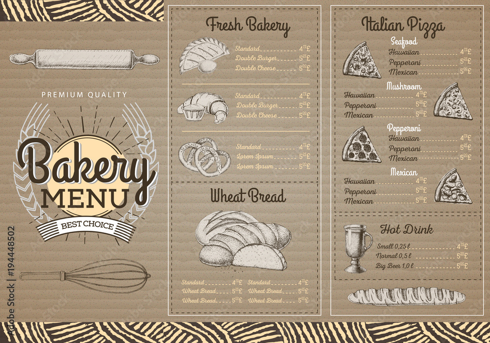 Vintage bakery menu design on cartboard background. Restaurant menu ...