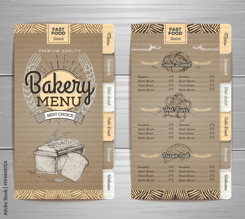 Vintage bakery menu design on cardboard background. Restaurant menu ...
