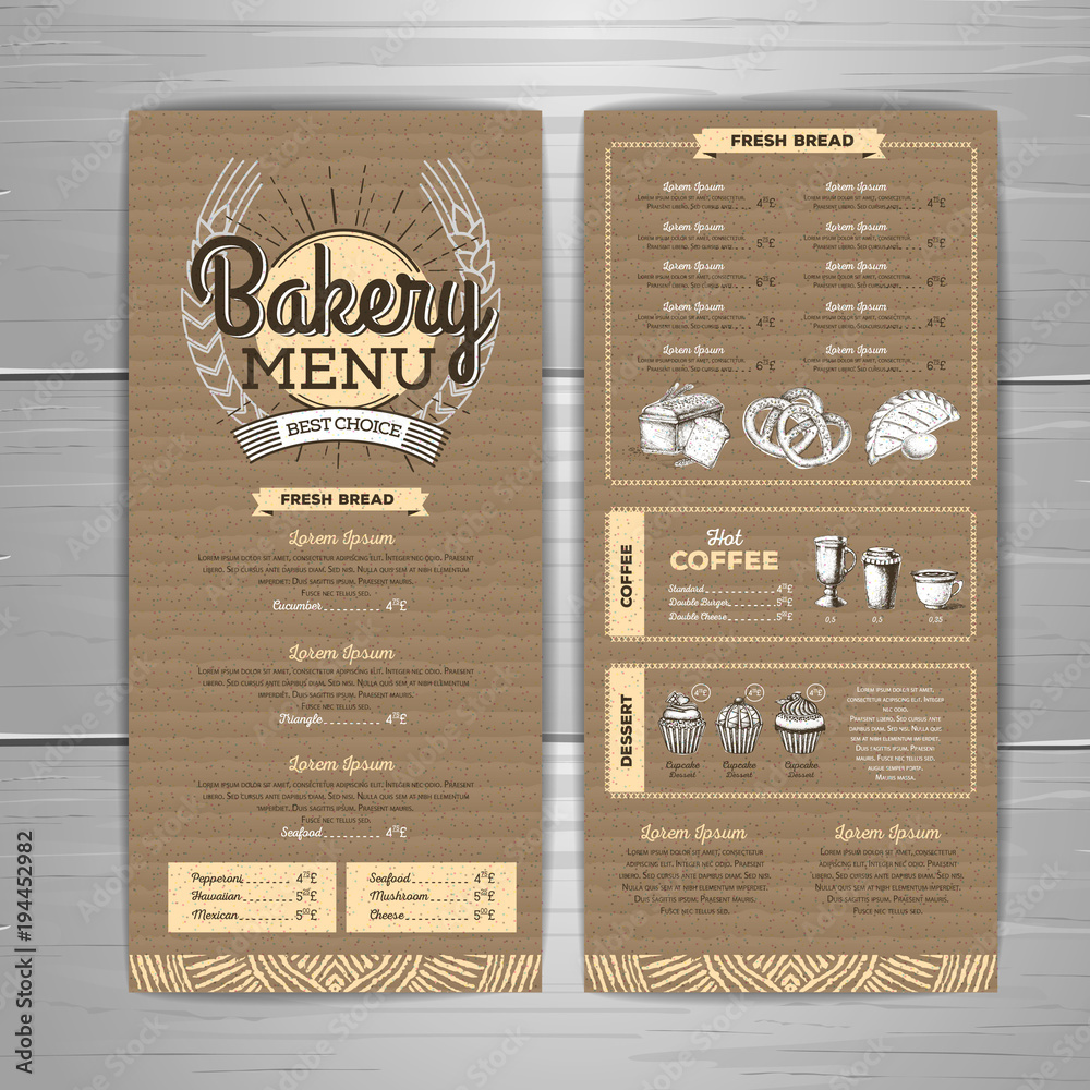 Vintage bakery menu design on cardboard background. Restaurant menu ...