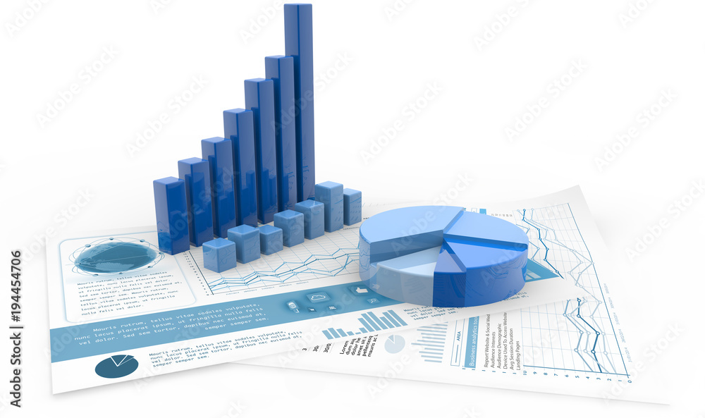bar graph, pie chart and report paper isolated on white Stock ...