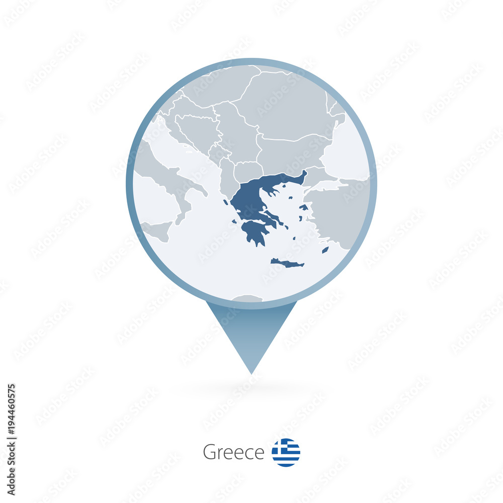 Map pin with detailed map of Greece and neighboring countries. Stock ...