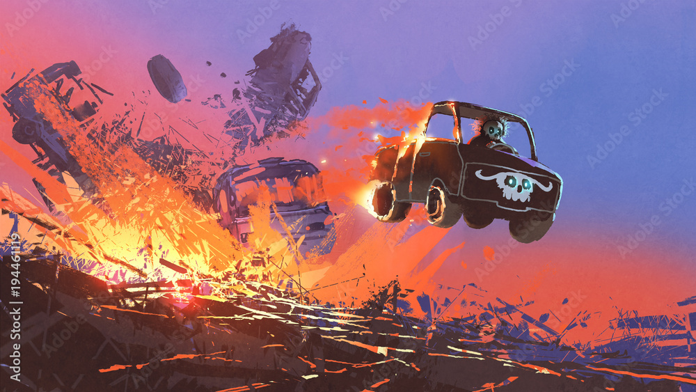 man in skull mask driving a truck coming out of explosion, digital art ...