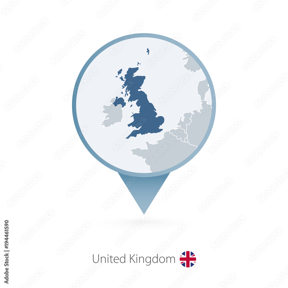 Map pin with detailed map of United Kingdom and neighboring countries ...