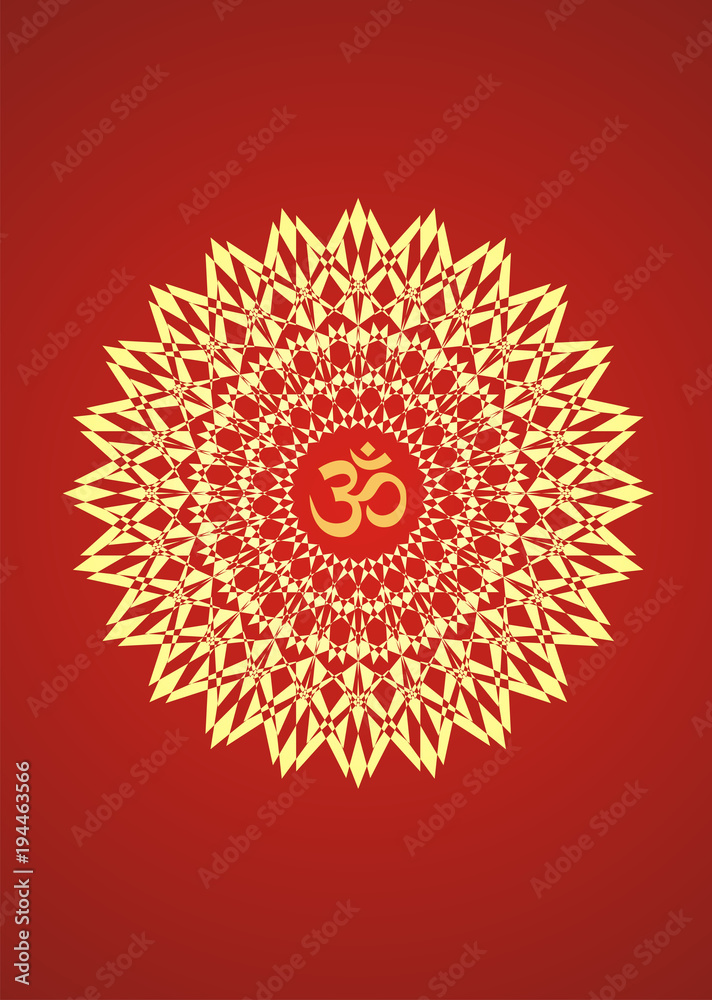 Yellow mandala with the symbol aum (ohm) on a red background. Spiritual ...
