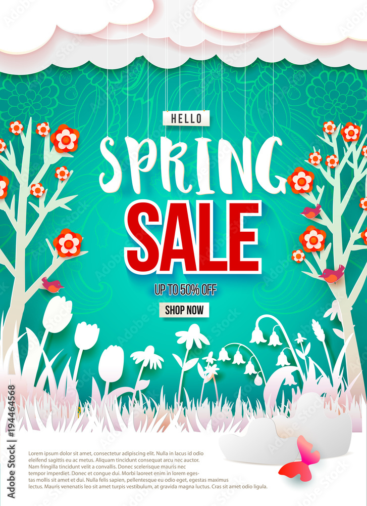 Spring Sale print poster design. Flowers, grass, clouds and butterfly ...
