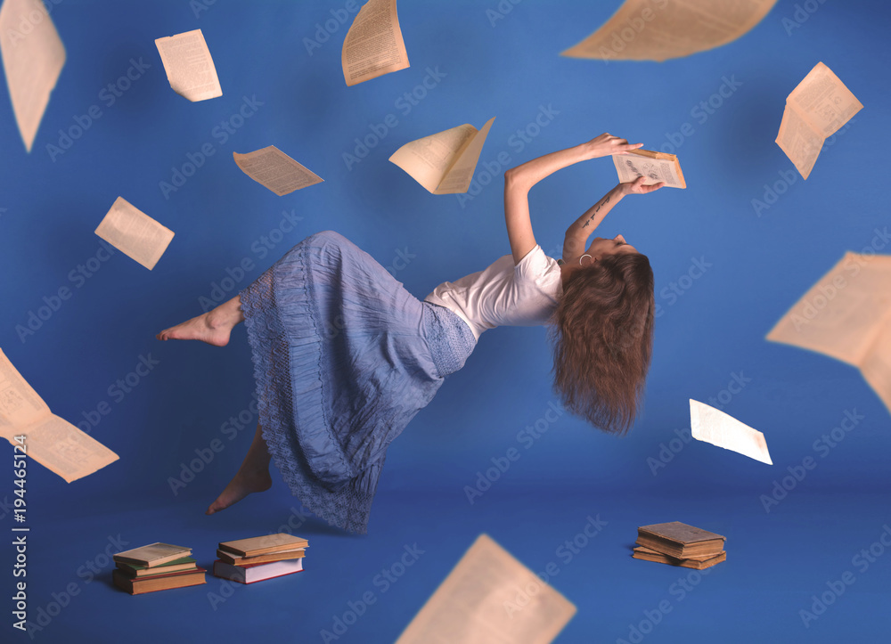 Surreal creative design, levitation. Flying woman. Levity people ...