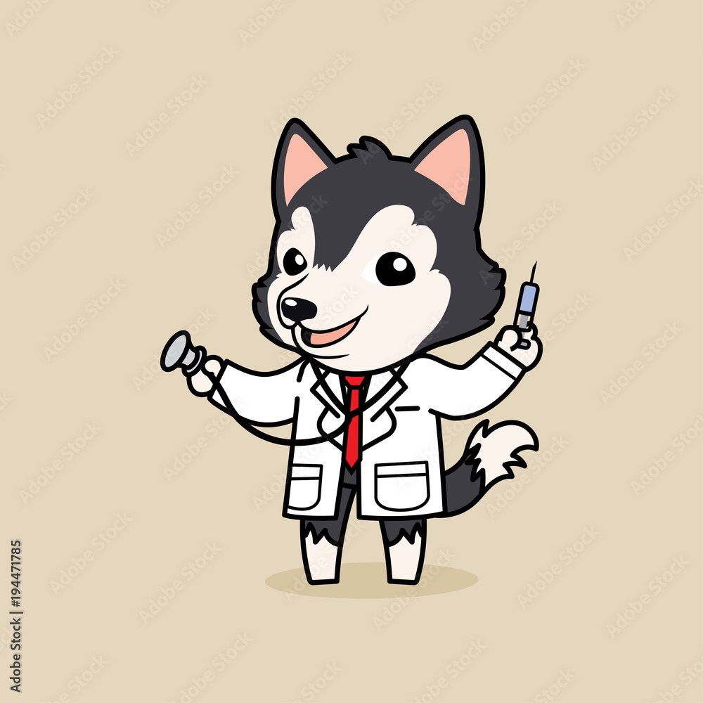 Cute cartoon character design Dark Grey Siberian Husky dog in Doctor ...