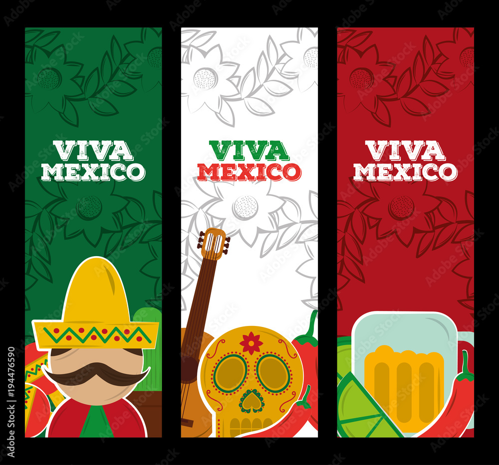 viva mexico vertical banners man skull beer culture vector illustration ...