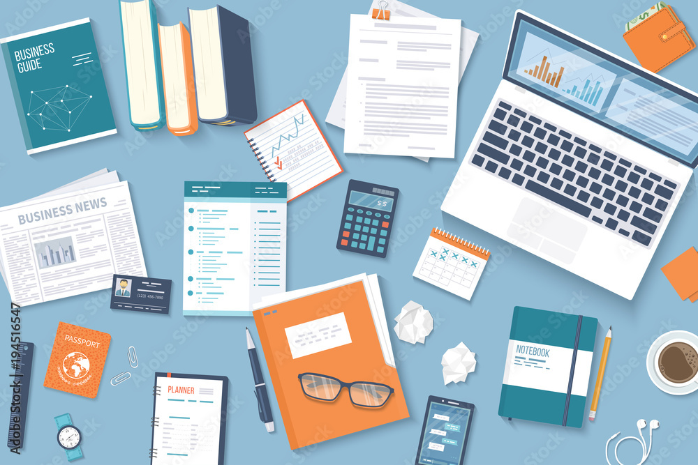 Workplace Desktop background. Top view of table, laptop, folder ...