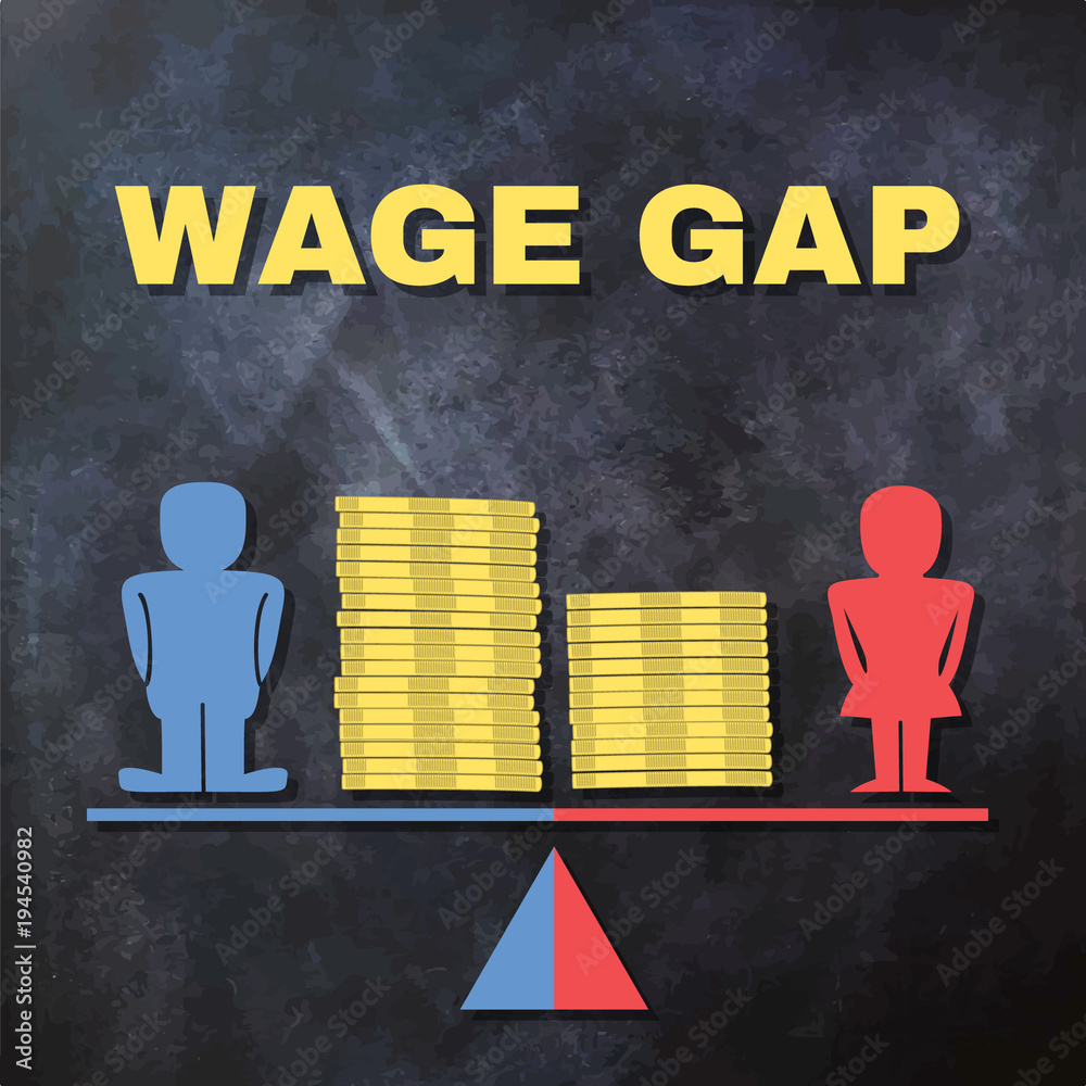 Wage gap concept illustration - male and female figures standing on a ...