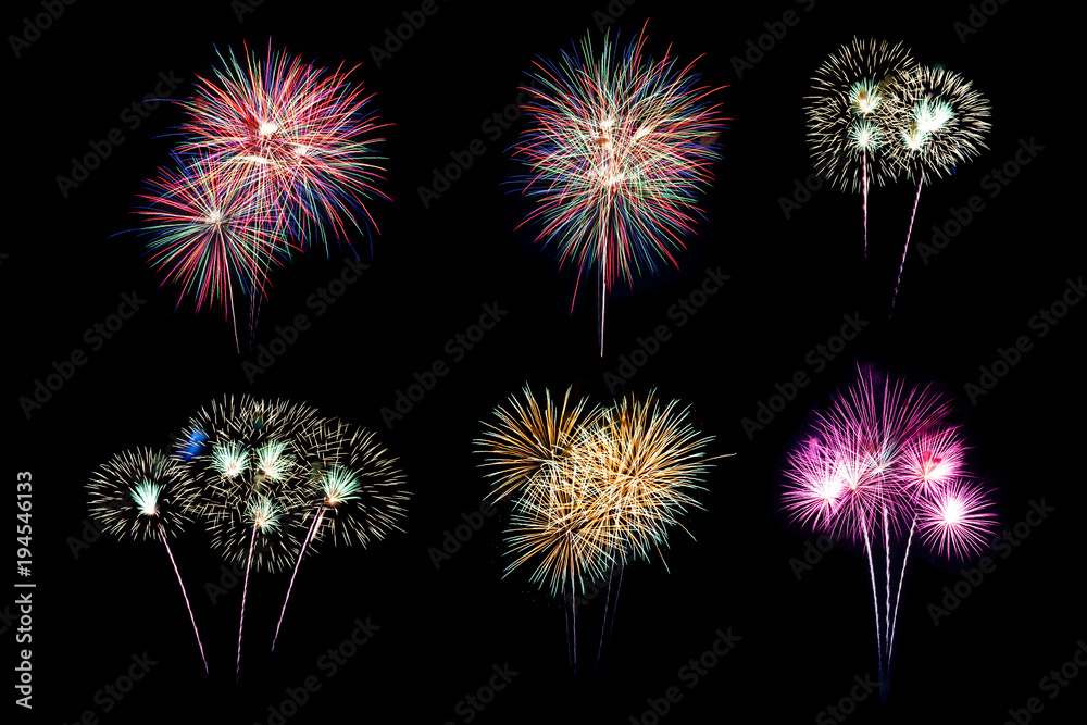 Festive patterned of Colorful assorted firework bursting in various ...