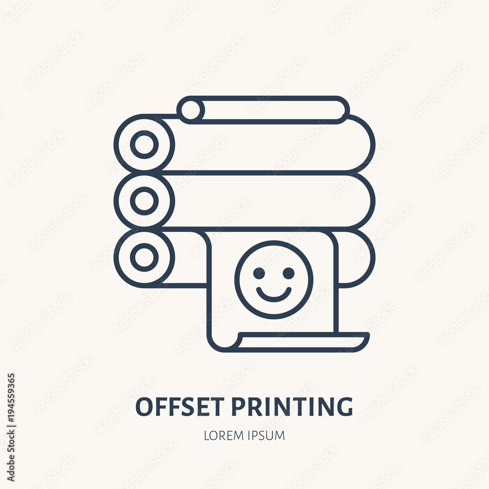 Offset printer with printed paper flat line icon. Printing device sign ...