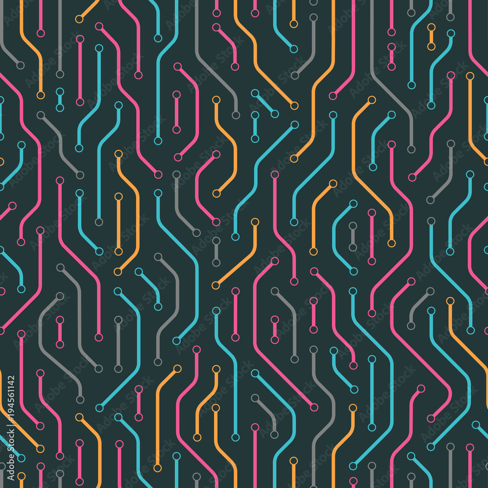 Technology seamless pattern from colored lines connections. Abstract ...