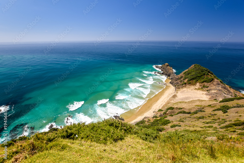 Stunning wide angle view of Cape Reinga, the northernmost point of the ...