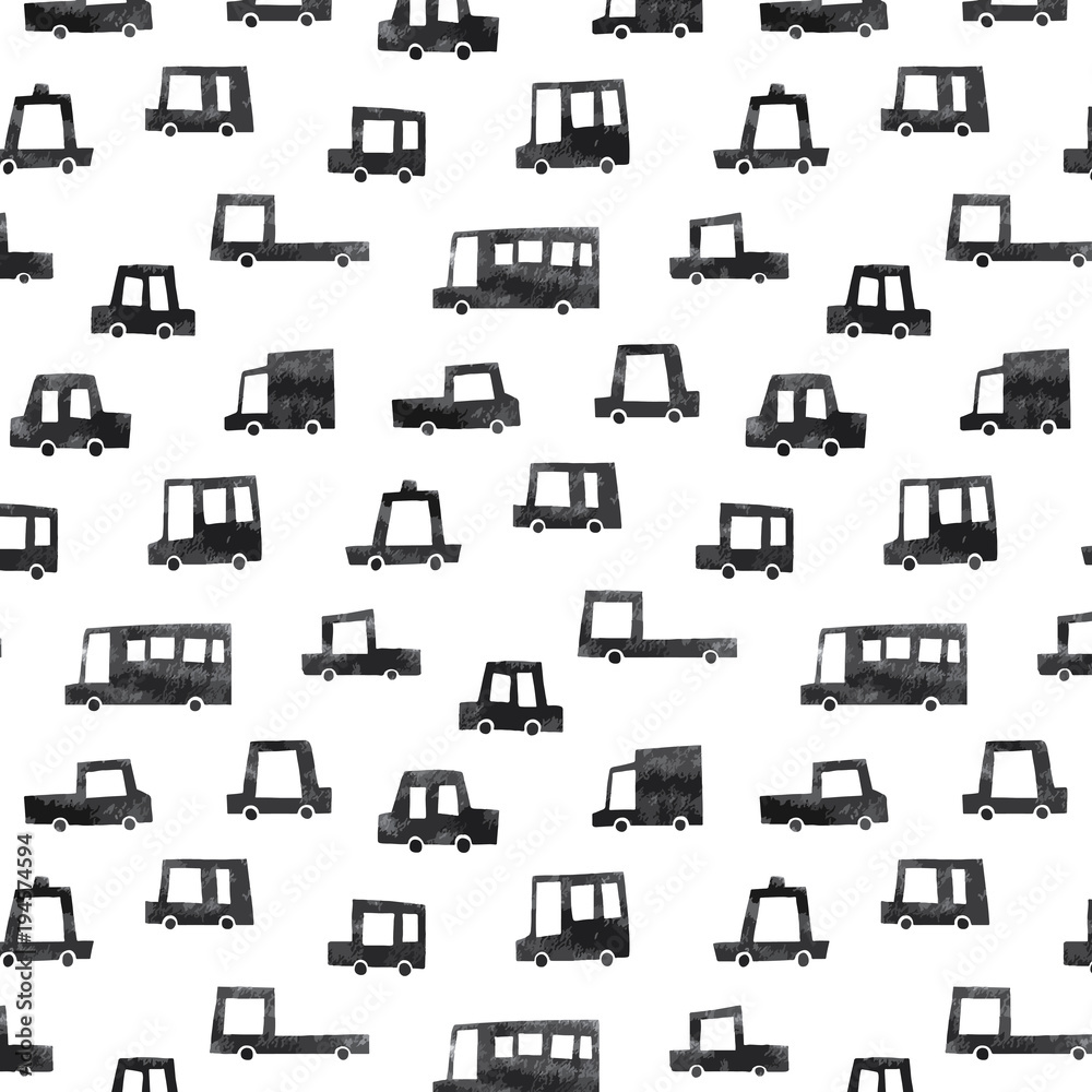 Hand drawn vector illustration of black car pattern on white background ...