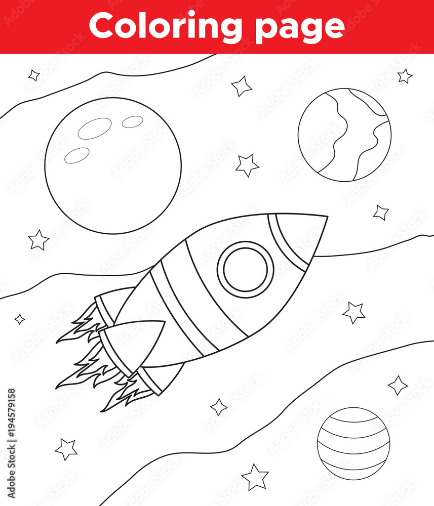 Coloring page or book outlined space elements for children. Rocket ...
