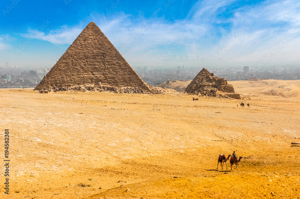 The Egyptian pyramids of Giza on the background of Cairo. Miracle of ...