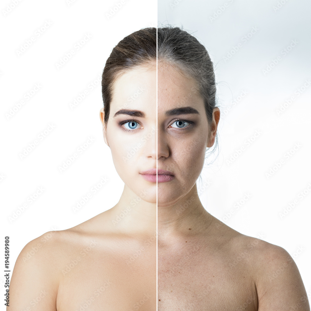 Anti-aging concept, portrait of beautiful woman with problem and clean ...